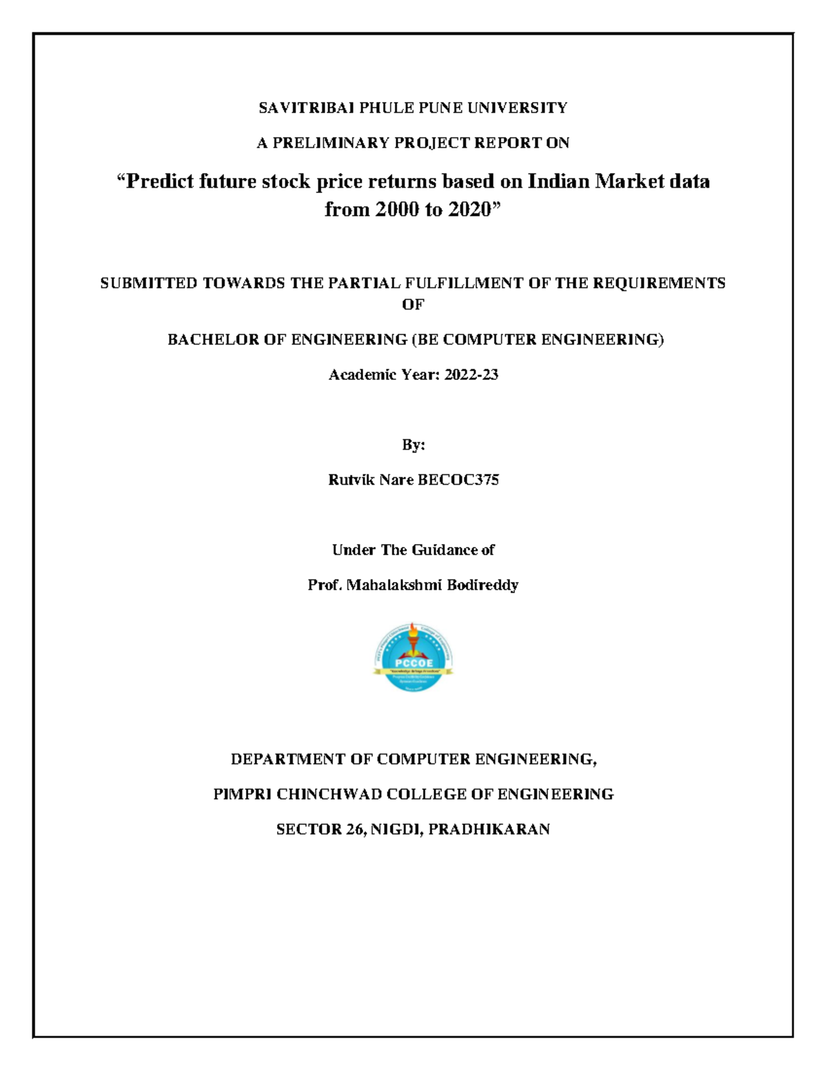 ML Mini Project Becoc 375 Report - SAVITRIBAI PHULE PUNE UNIVERSITY A ...