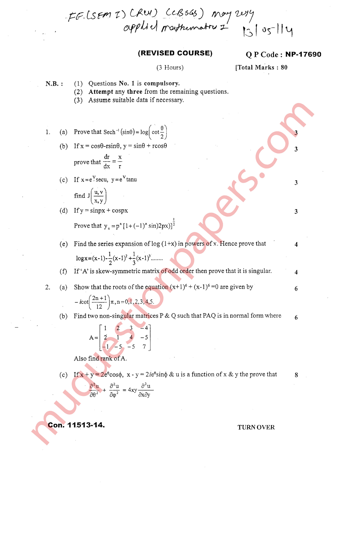 FE SEM1 M1 MAY14 - que - Applied Mathematics‐I - Studocu