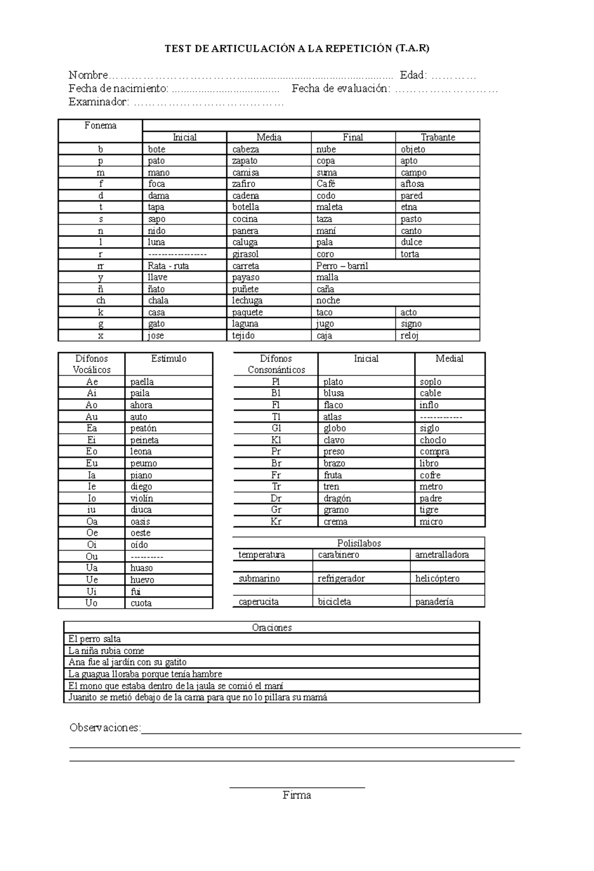 TAR - ..... - TEST DE ARTICULACIÓN A LA REPETICIÓN (T.A) - Studocu