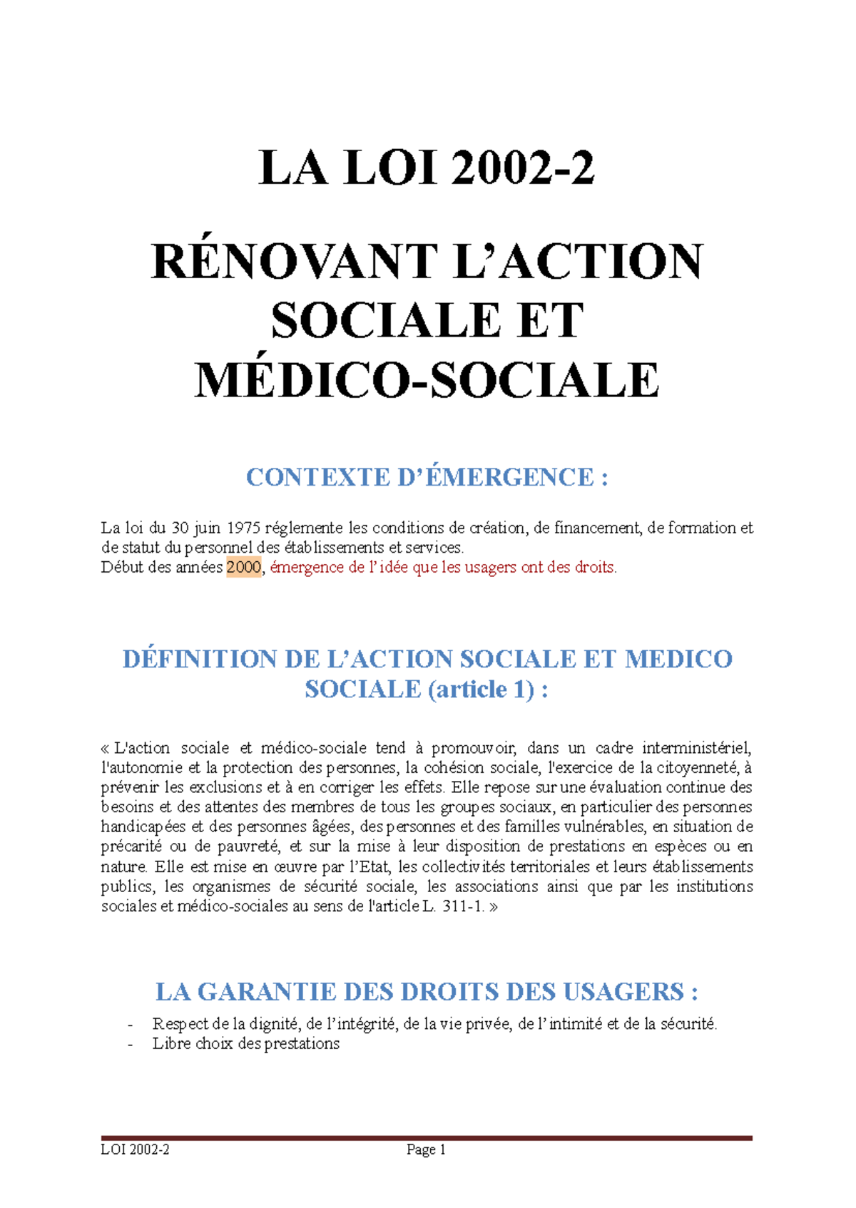Loi 2002-2 - Fiche de révision pour le DC4 pour le DEES. La loi de 2002 ...