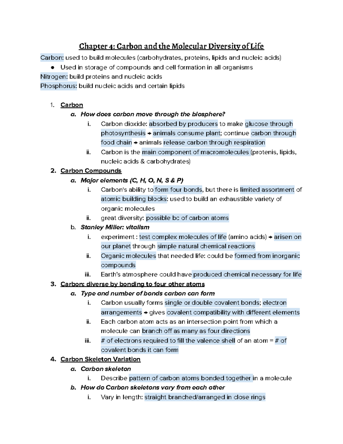Biology Chapter 4 and 5 - Lecture Notes - Chapter 4: Carbon and the ...