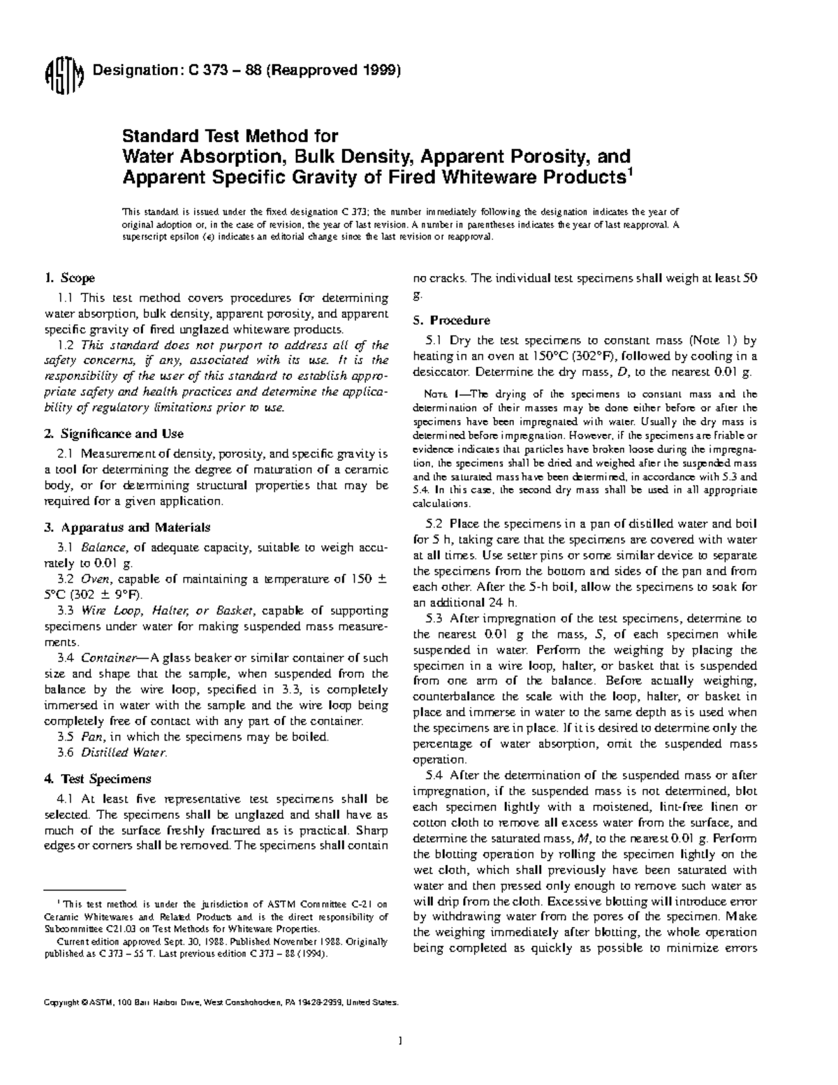 Norma ASTM C 373 - 88 R99 - Designation: C 373 – 88 (Reapproved 1999 ...