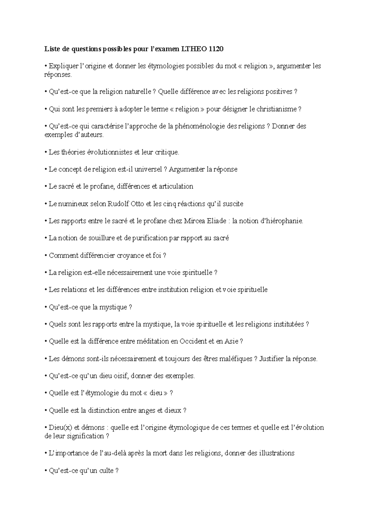 Liste de questions dexamen écrit - Liste de questions possibles pour l ...