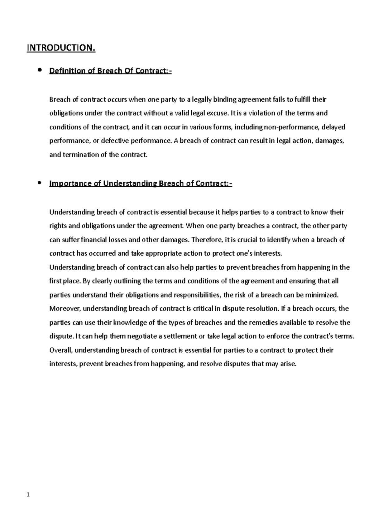 Breach Of Contract & Its Consequences - INTRODUCTION. Definition of Breach Of Contract:- Breach ...