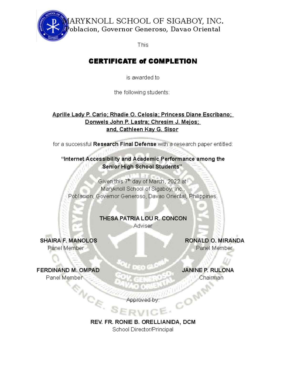 Group 4 - N/A - MARYKNOLL SCHOOL OF SIGABOY, INC. Poblacion, Governor ...