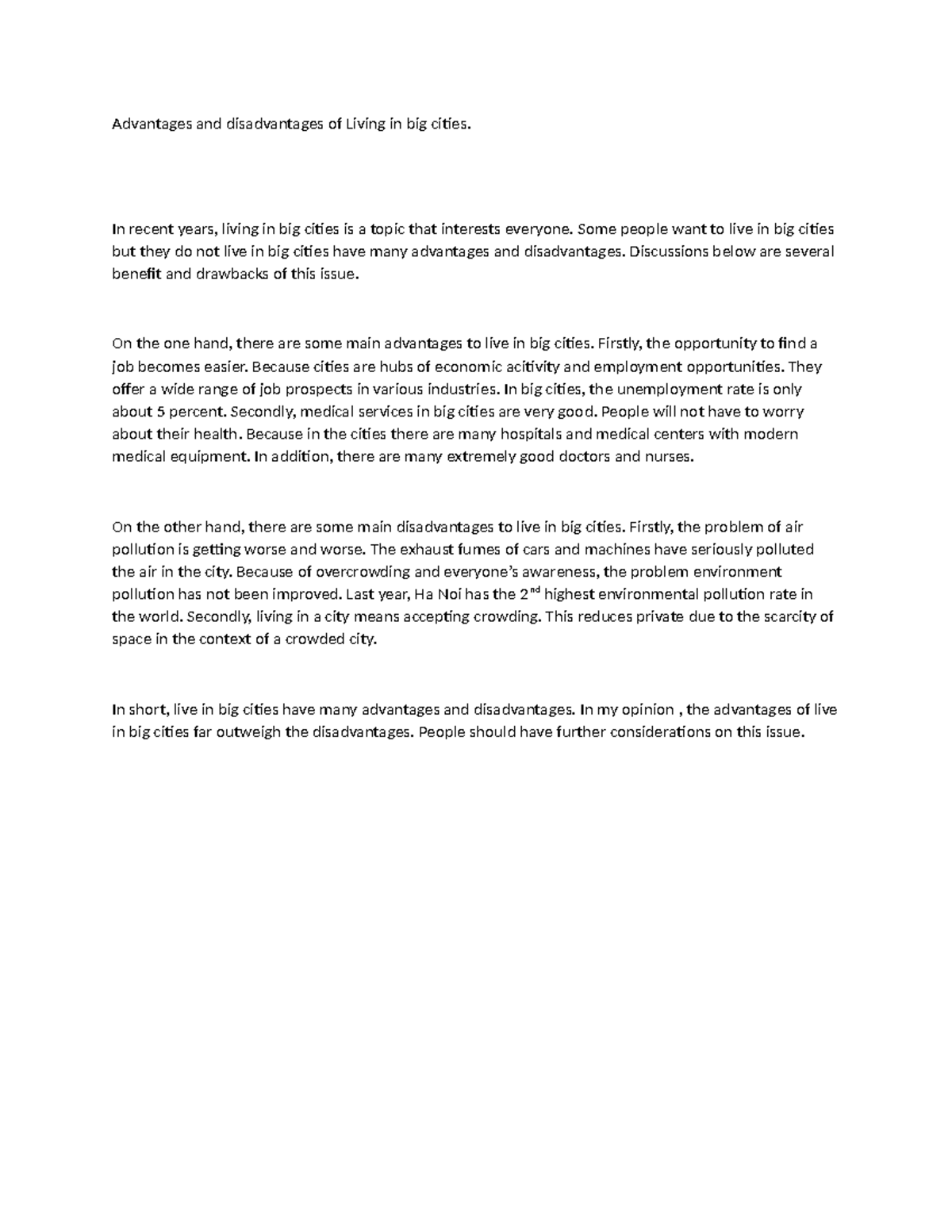 Advantages and disadvantages of Living in big cities - In recent years ...