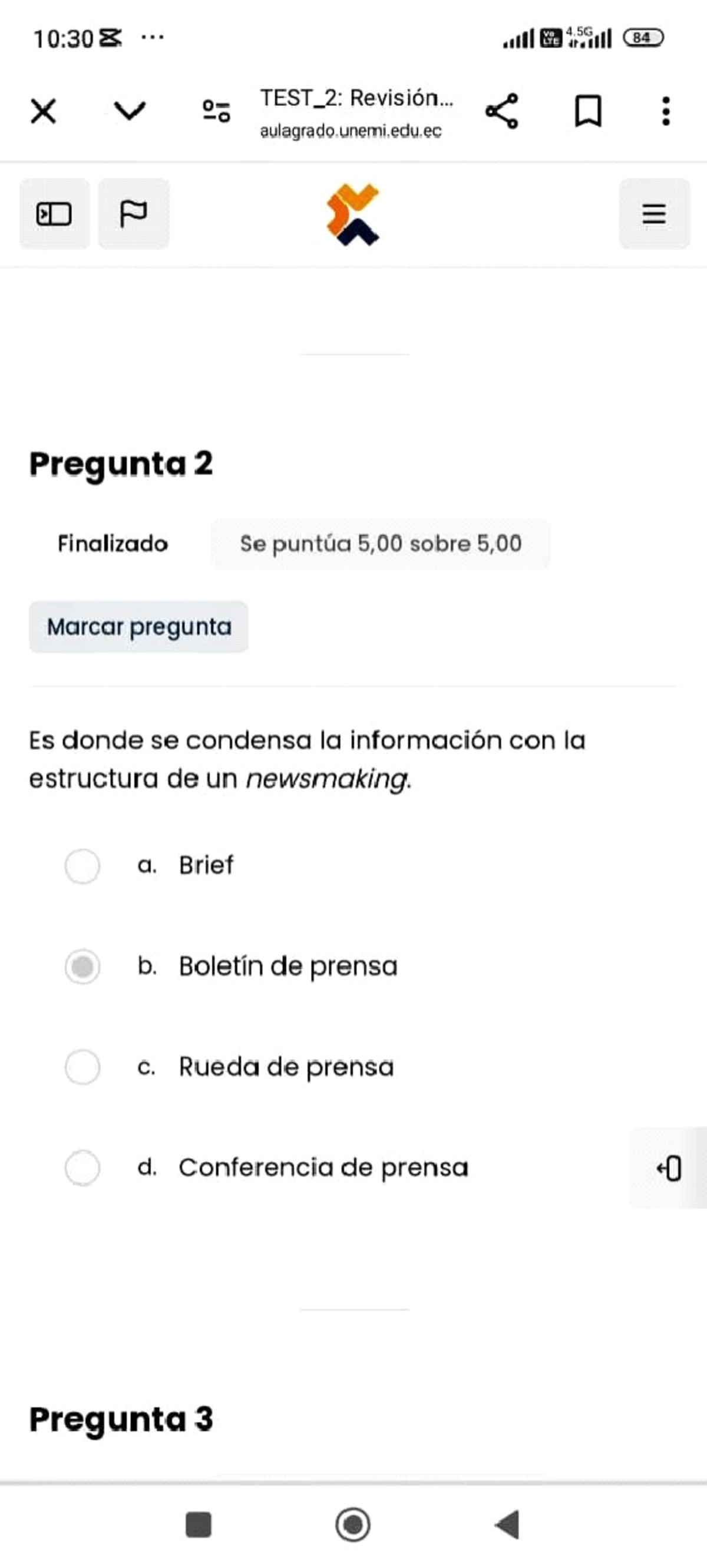 Test_ 1- 2- 3- 4 - 10:308 • .,lll TEST_2: Revisión... aulagrado.unemi ...