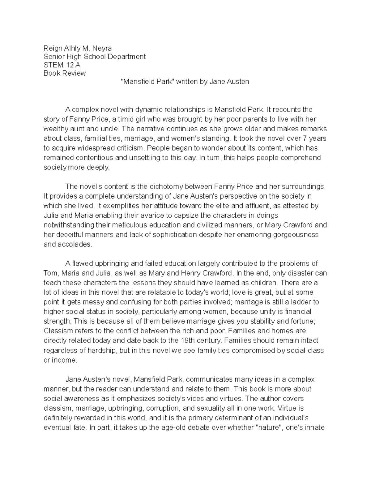 Book Review Mansfield Park - Neyra - Reign AIhly M. Neyra Senior High ...