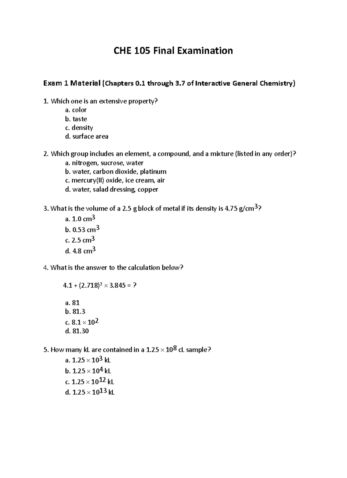 Final Exam CHE 105 - CHE 105 Final Examination Exam 1 Material ...