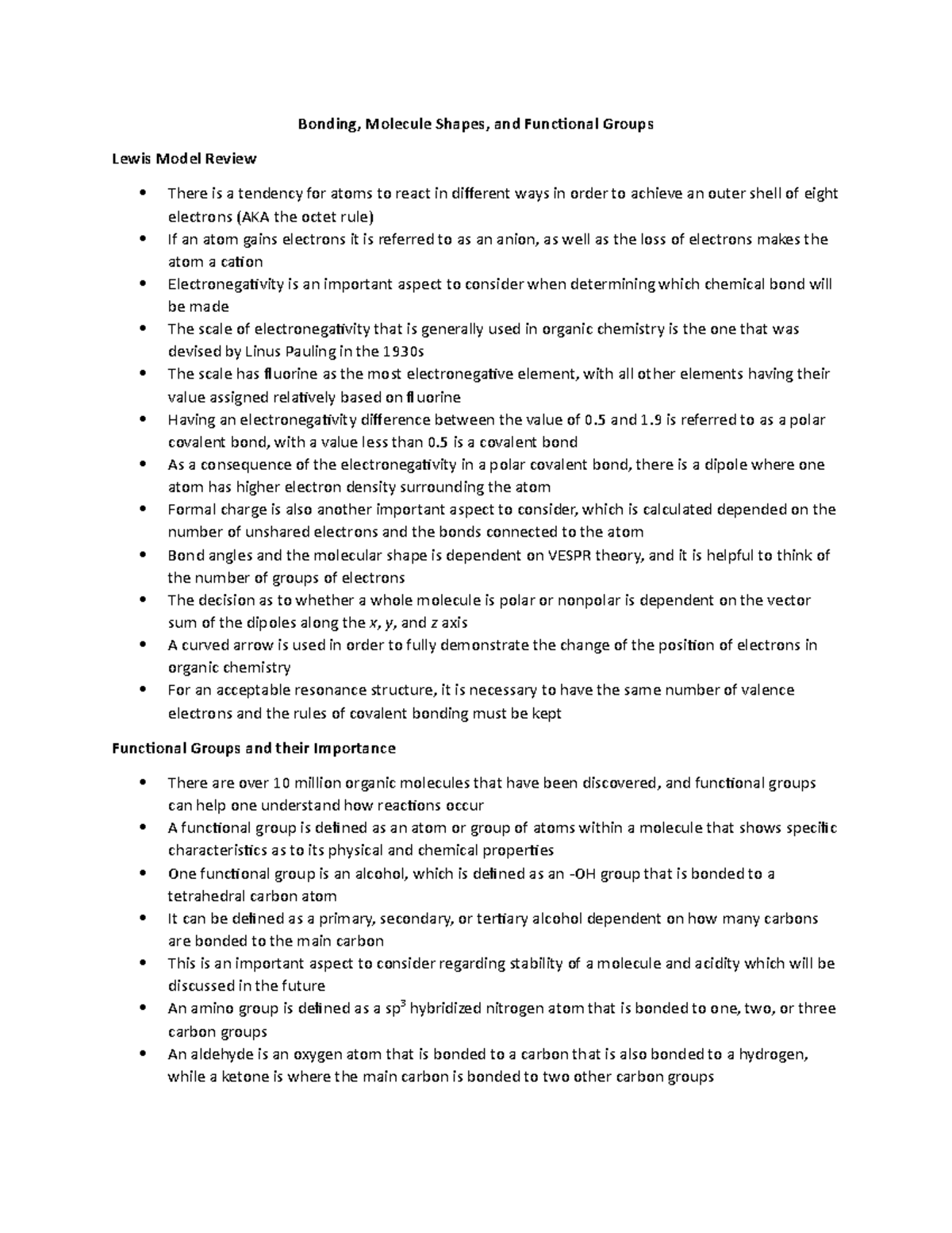 Module 1 - Notes - Bonding, Molecule Shapes, and Functional Groups ...