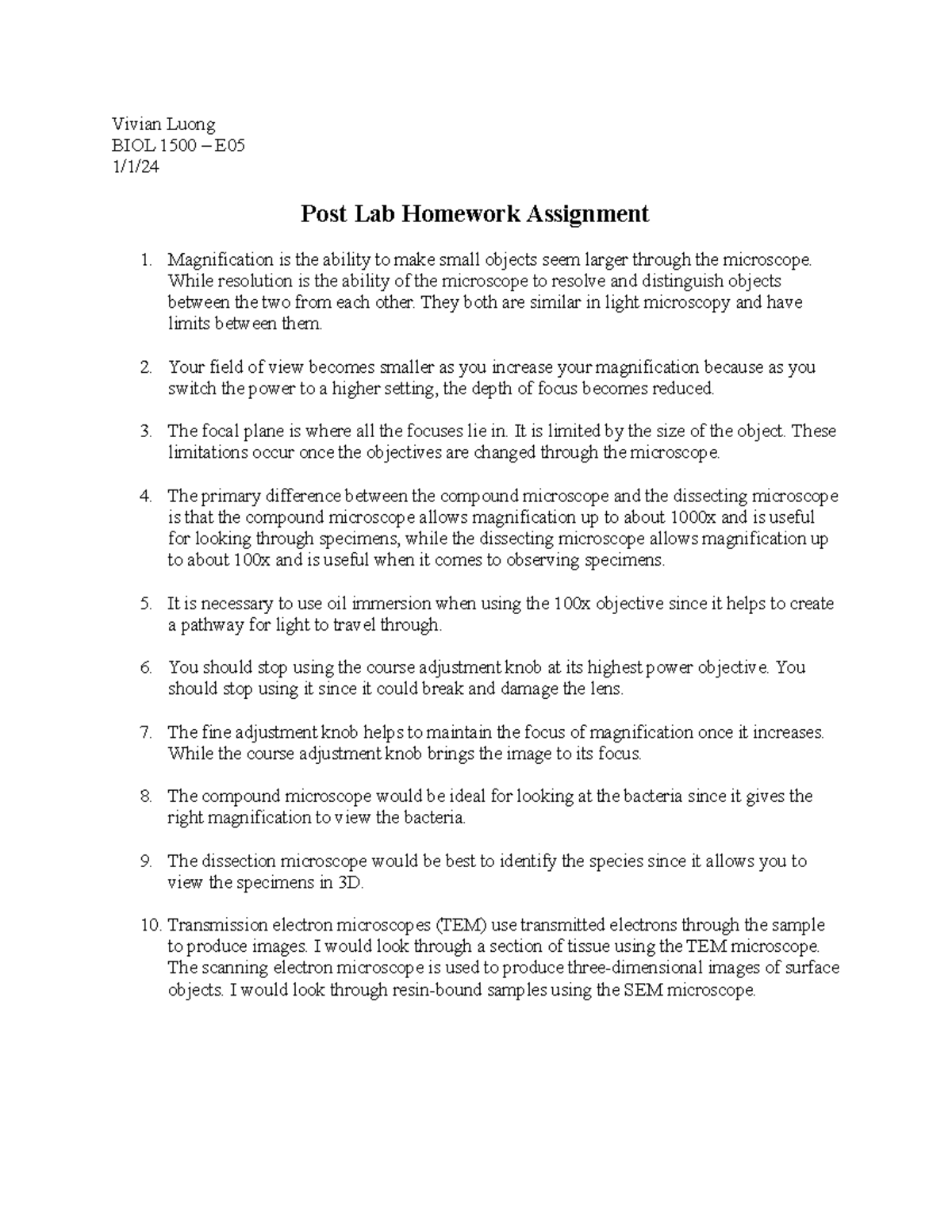 Post Lab 2 - Post Lab 2 - Vivian Luong BIOL 1500 – E 1/1/ Post Lab Homework Assignment 1. - Studocu