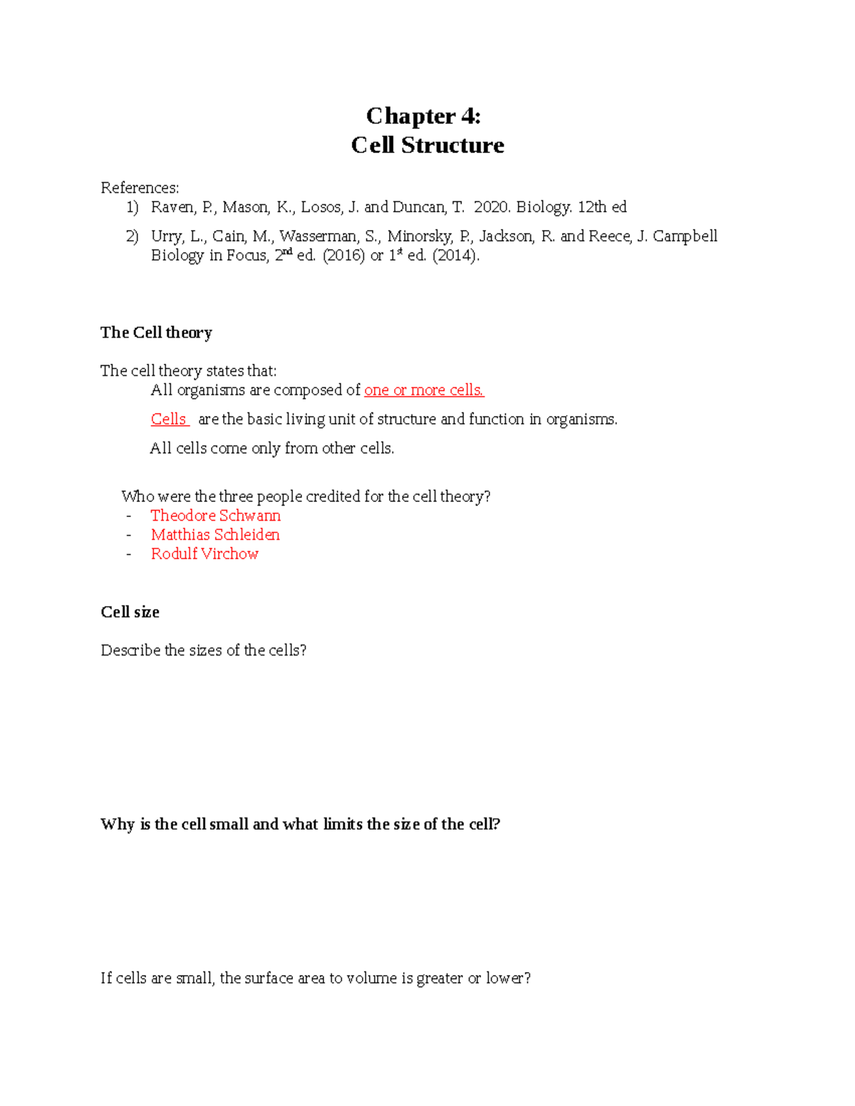 Ch. 4- Cell Structure - Lecture notes Ch. 4 - Chapter 4: Cell Structure ...