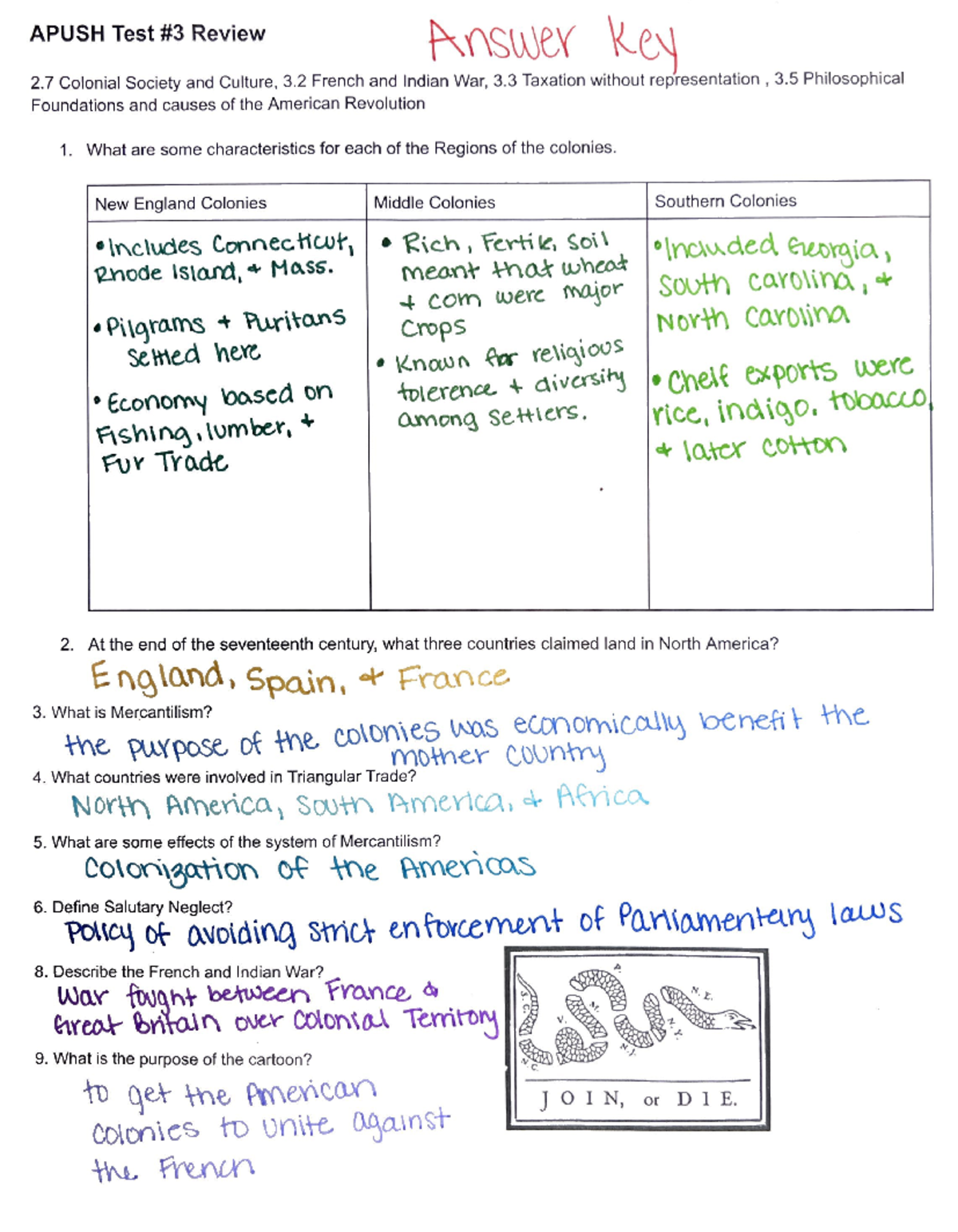 Review APUS #3 - APUSH Test Review Answer key 2 Colonial Society and ...