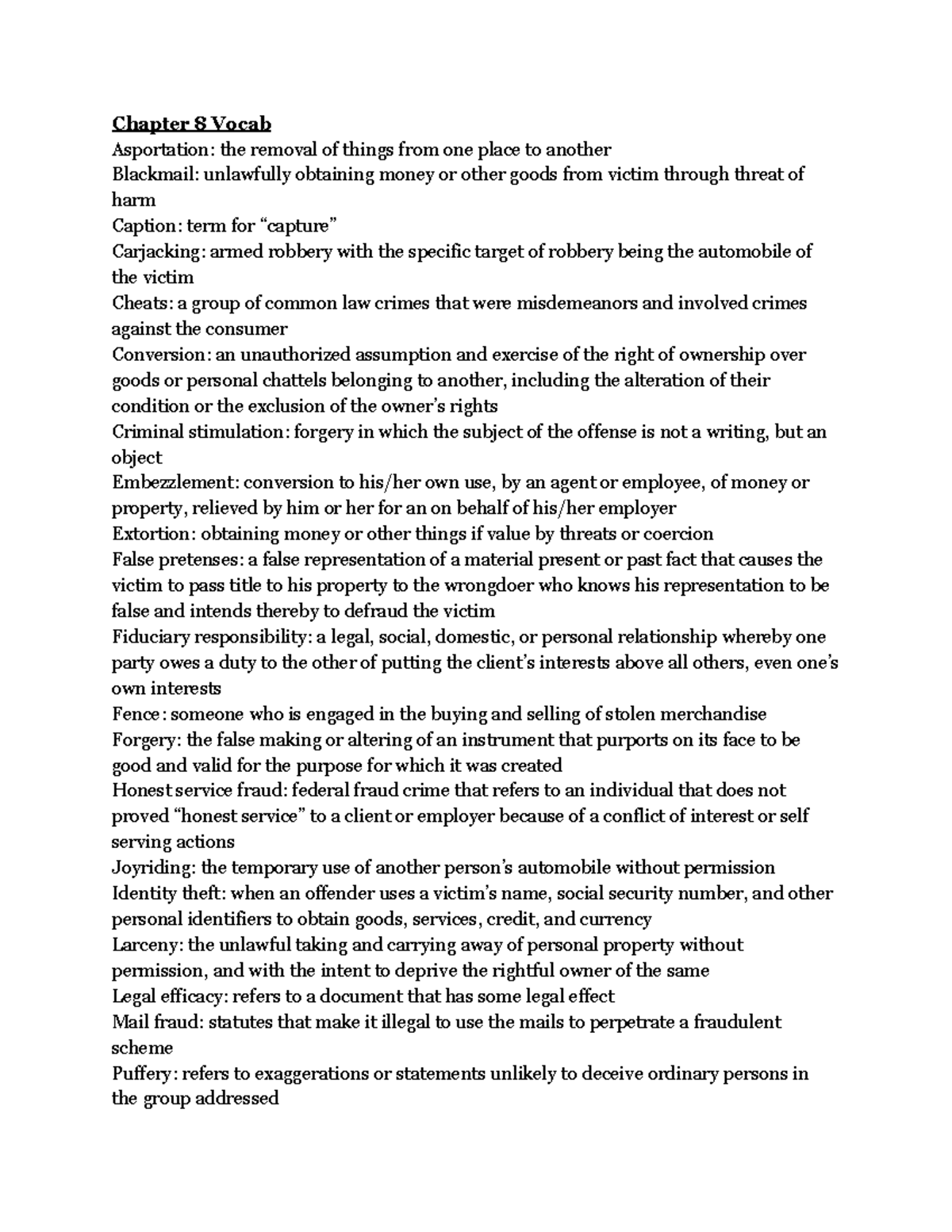 Crim Law Chp 8 Vocab - Lecture notes Unit 8 - Chapter 8 Vocab ...