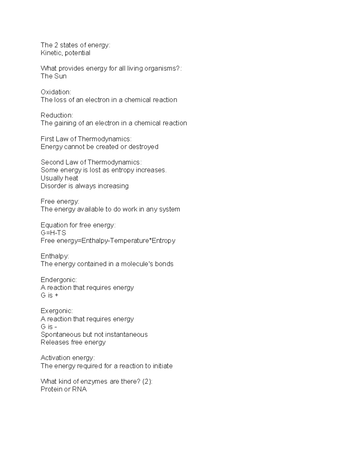 Definitions for Biology 101 - The 2 states of energy: Kinetic ...