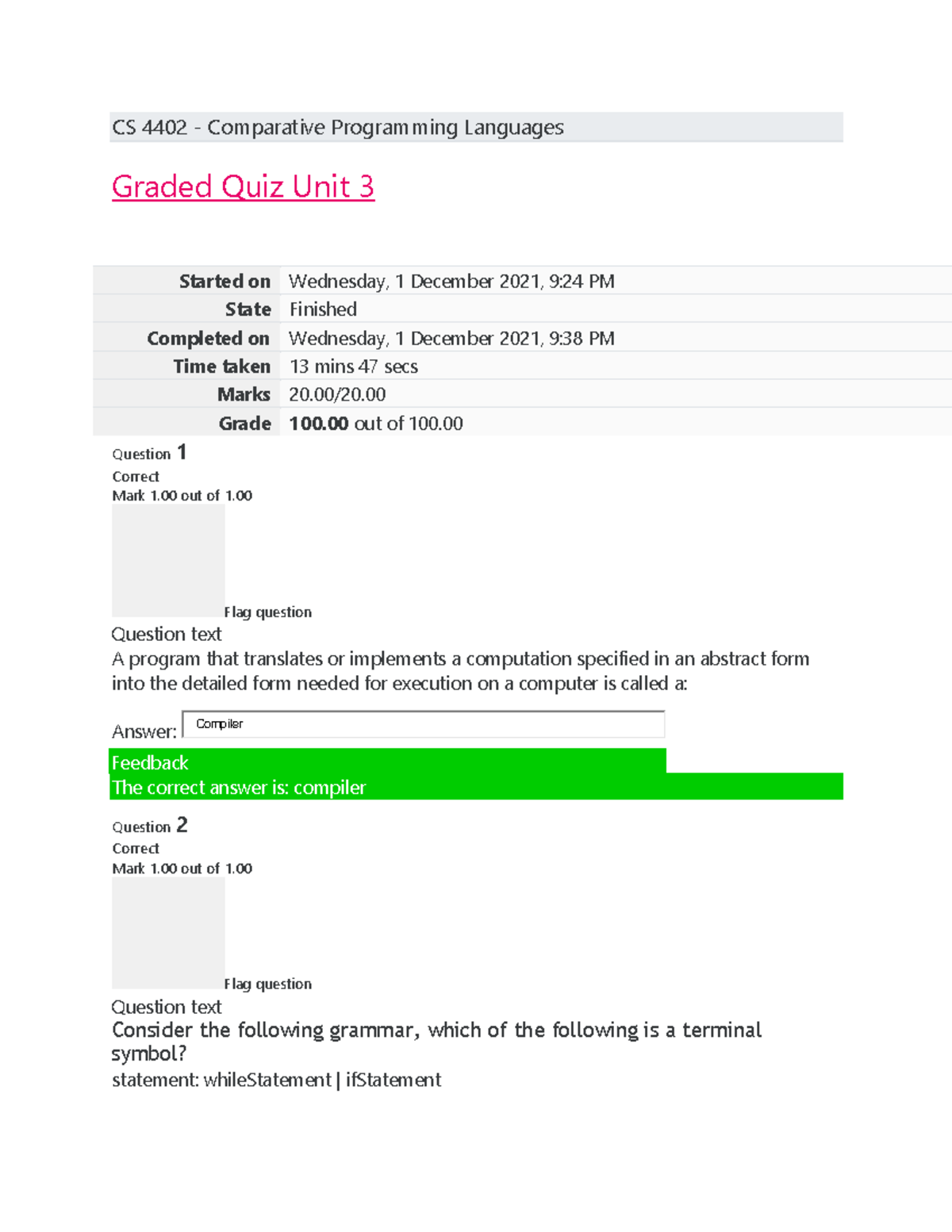 CS 4402 - Comparative Programming Languages Graded Quiz Unit 3 - Grade ... CS 4402 - Comparative Programming Languages Graded Quiz Unit 3 - Grade ...