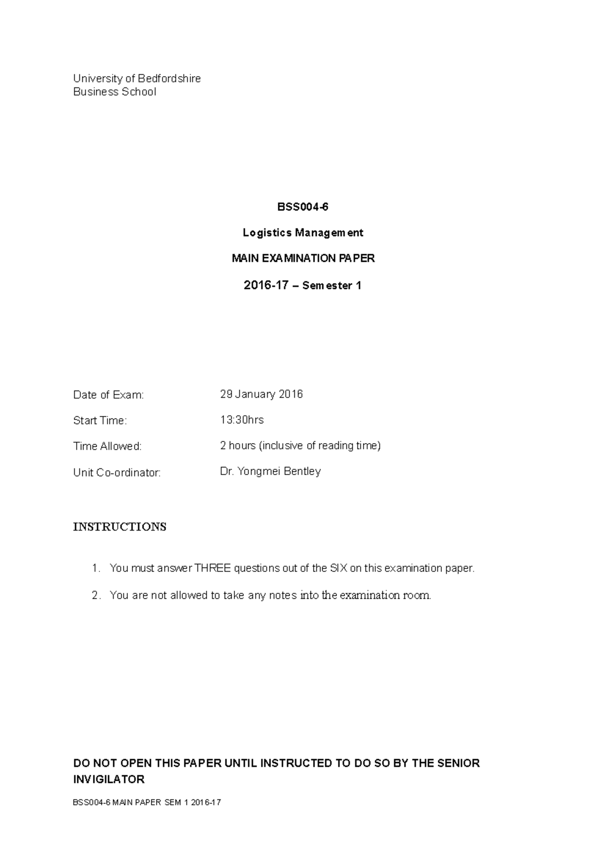 Logistics Management Exam SEM1 - University of Bedfordshire Business ...