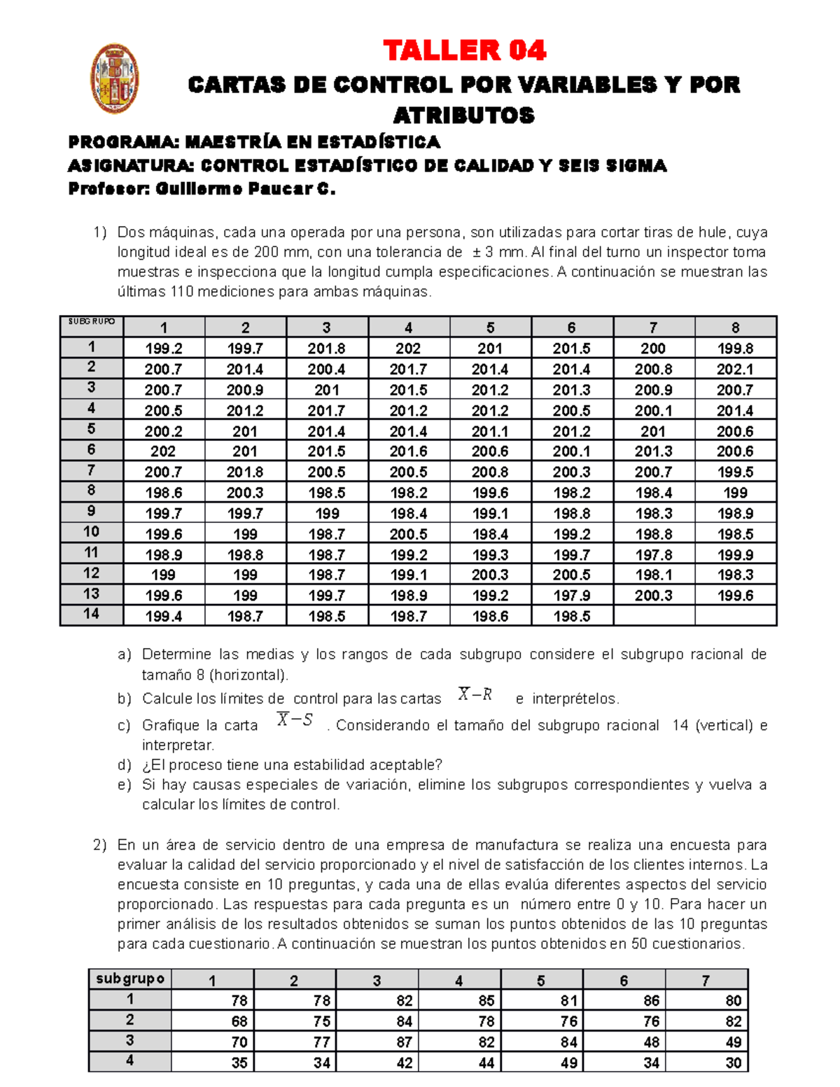 Ejercicios Unidad 4 - Trabajo - TALLER 04 CARTAS DE CONTROL POR VARIABLES Y POR ATRIBUTOS ...