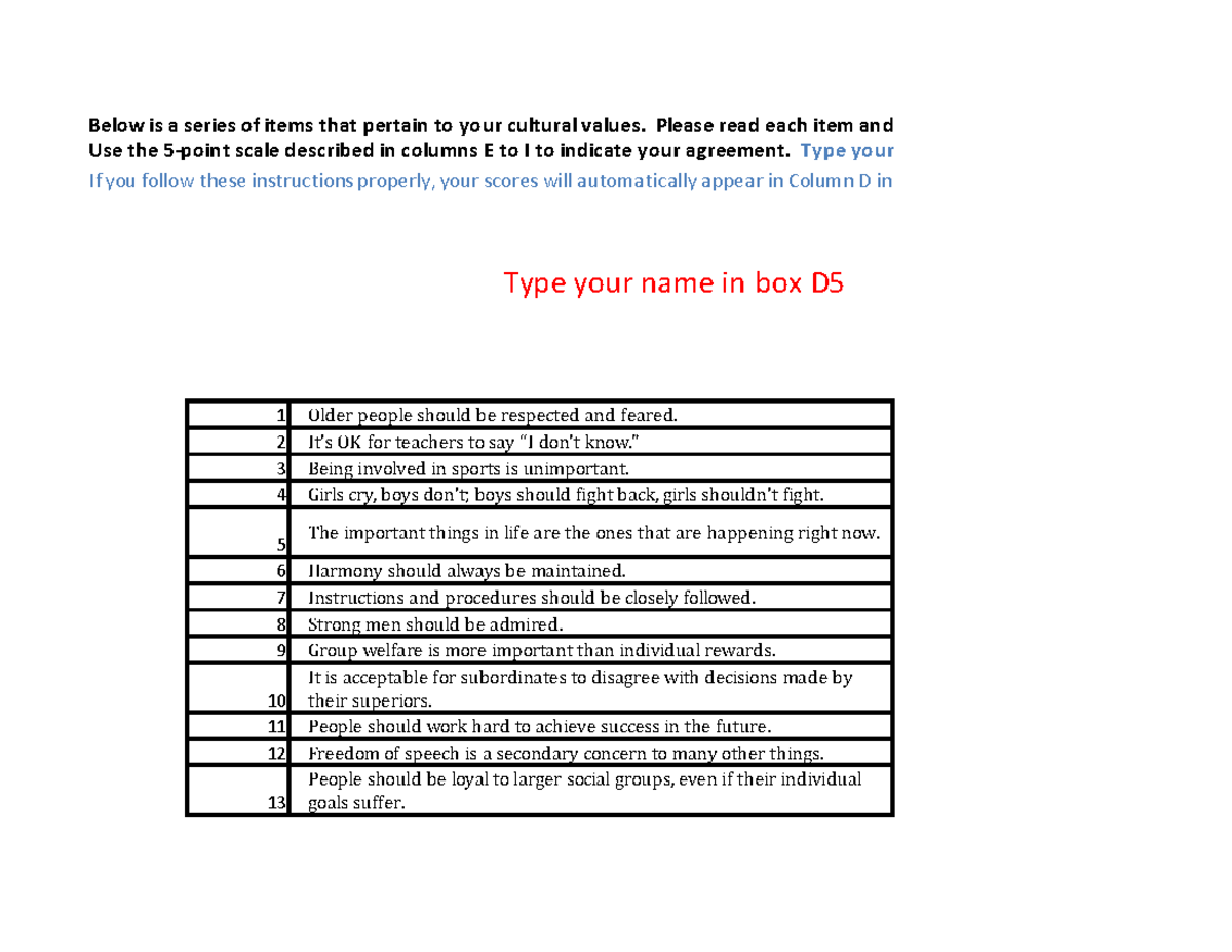 Cultural Values Questionnaire - Below is a series of items that pertain ...