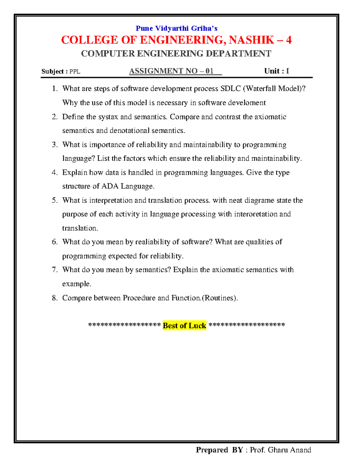 Principal of programming language assignment with - Prepared BY : Prof ...