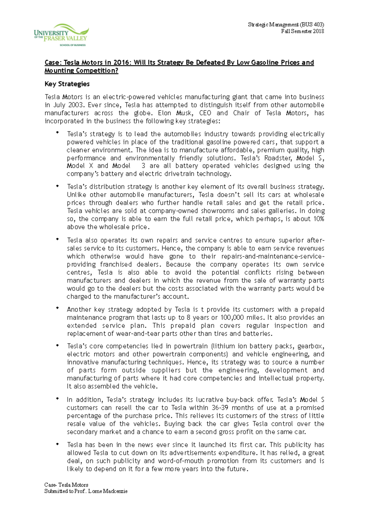 Case- Tesla - MANDATORY CASE STUDY. - Strategic Management (BUS 403 ...