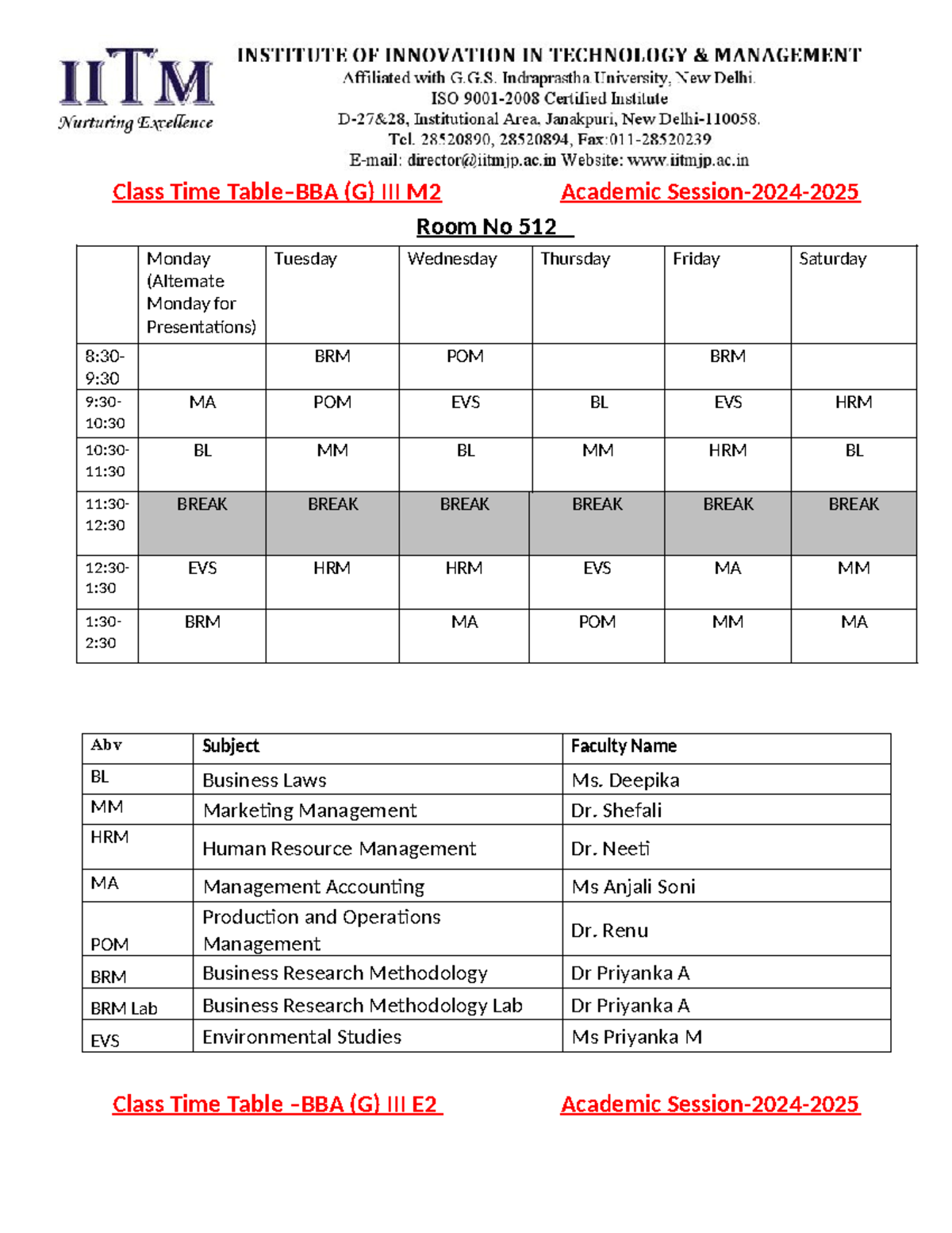 BBA III M2 & E2-4 - It is practical - Class Time Table–BBA (G) III M2 ...