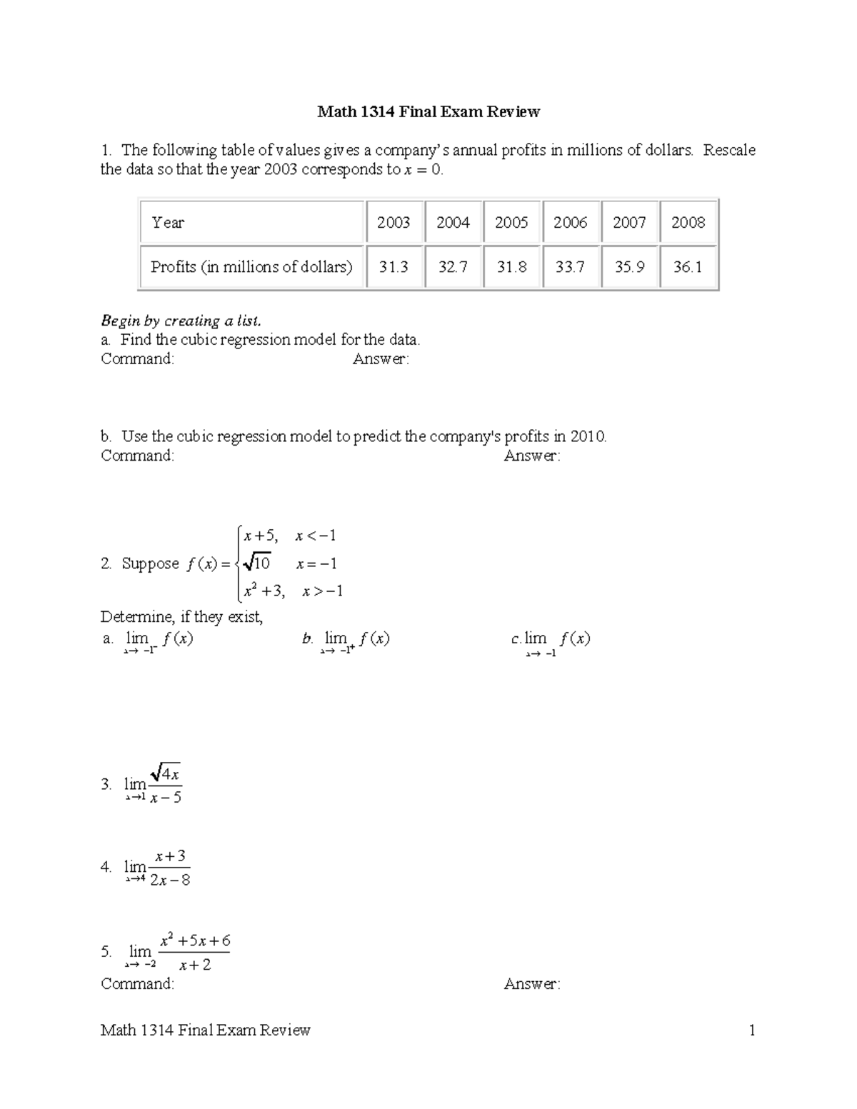 1314Final Exam Review - Practice - Math 1314 Final Exam Review The ...