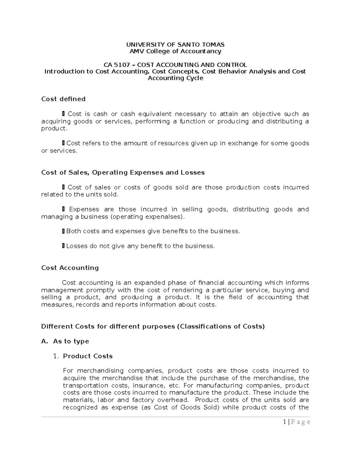 Module 1 and Module 2 - Cost Accounting - UNIVERSITY OF SANTO TOMAS AMV ...