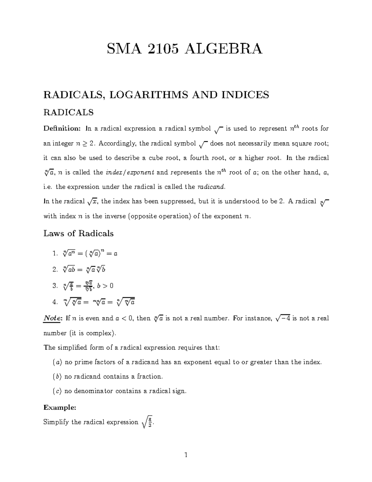 SMA 2105 Algebra Notes 3 - SMA 2105 ALGEBRA RADICALS, LOGARITHMS AND ...