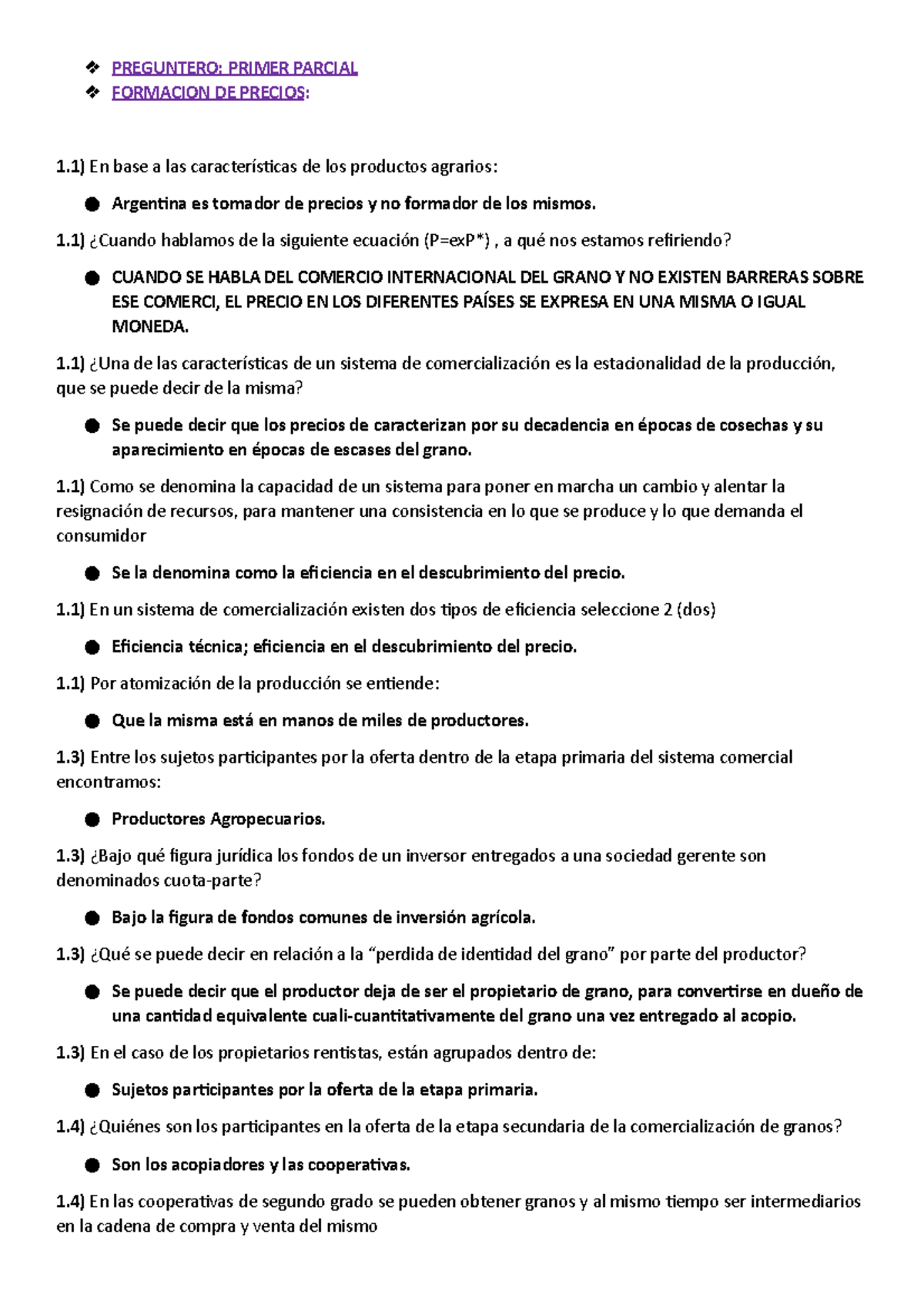Preguntero 1 Parcial Formacion DE Precios ( Actualizado) - PREGUNTERO: PRIMER PARCIAL FORMACION ...