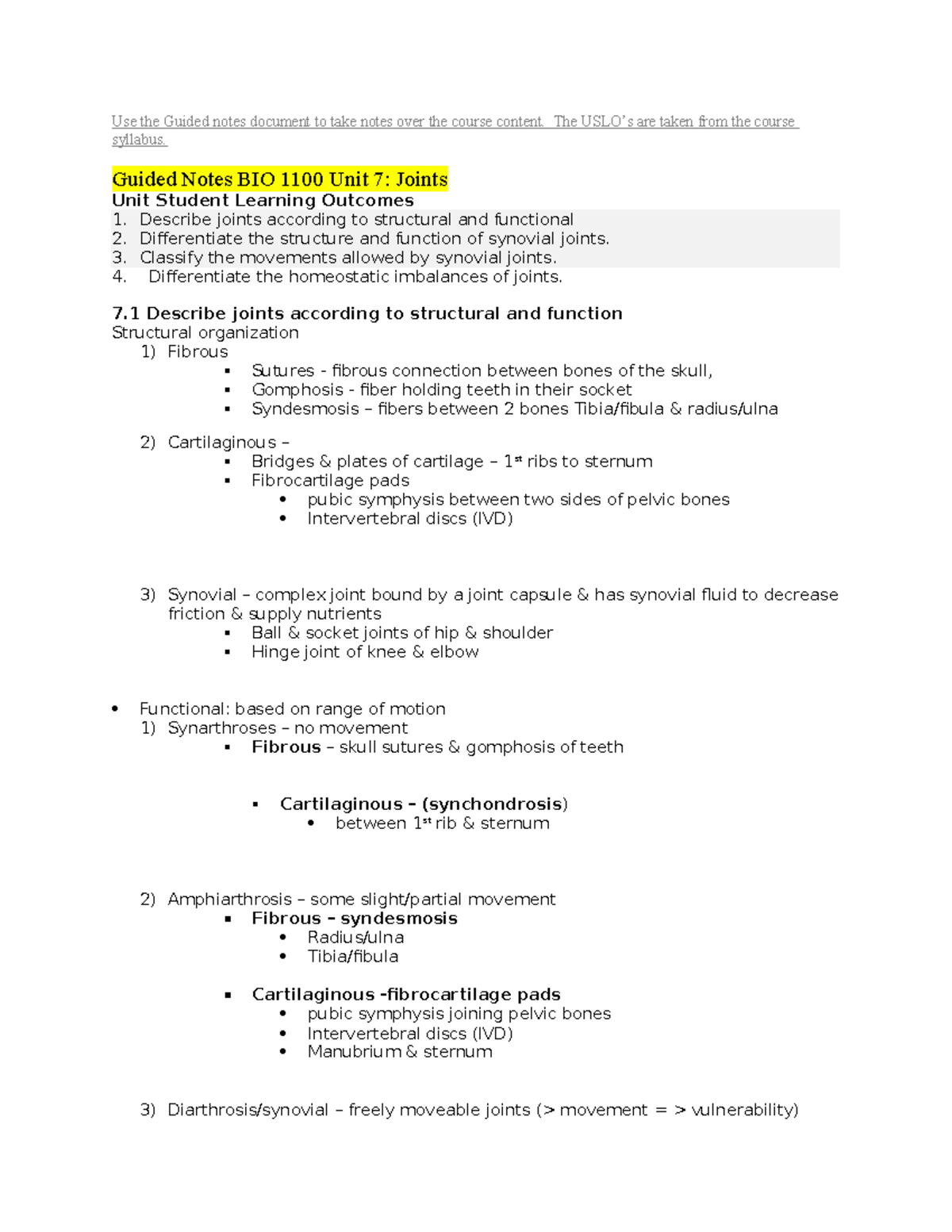 Guided Notes BIO 1100 Unit 7 Joints - Use the Guided notes document to ...