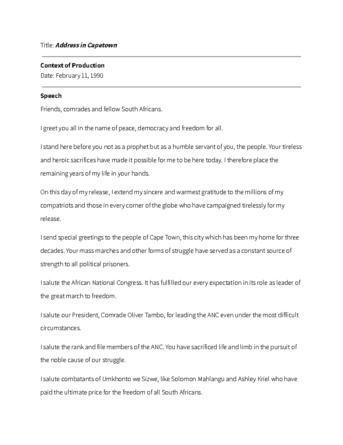 Address in Capetown - speech prep - Title: Address in Capetown Context ...