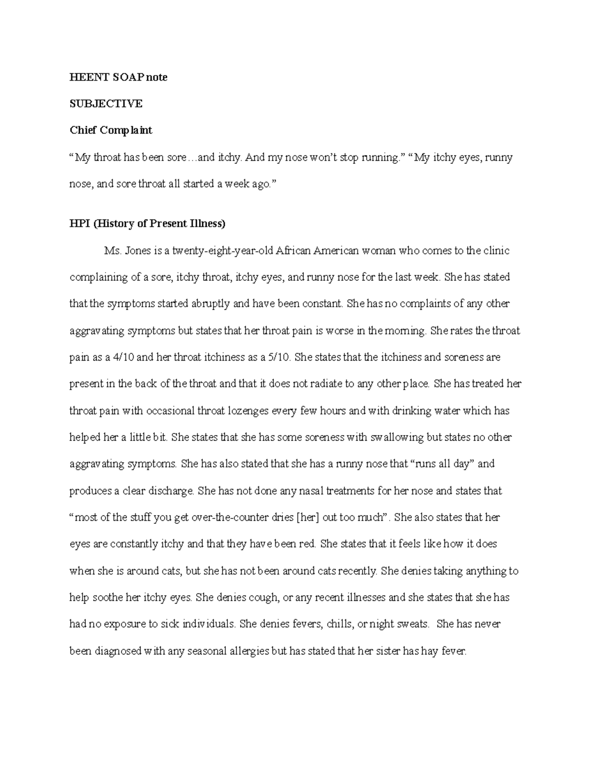 Throat Itchiness and Runny Nose SOAP Note - Studocu