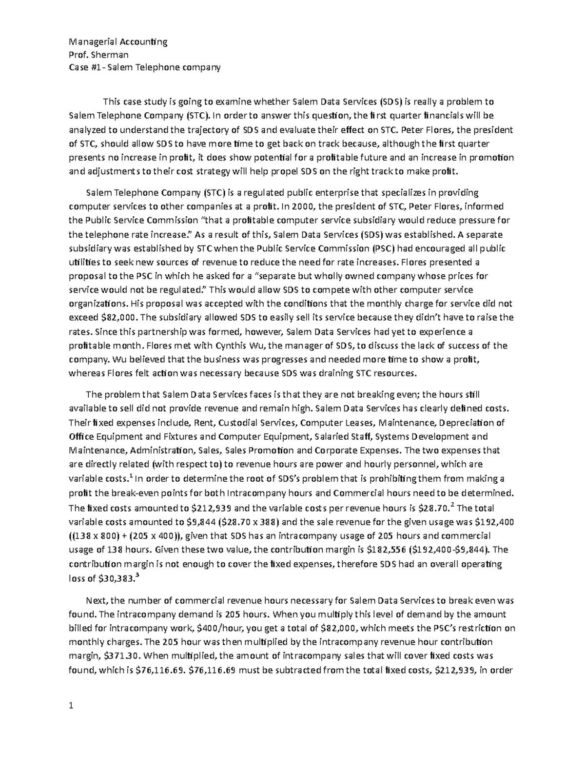 Harvard Business Case Study- Salem Telephone - Prof. Sherman Case #1 ...