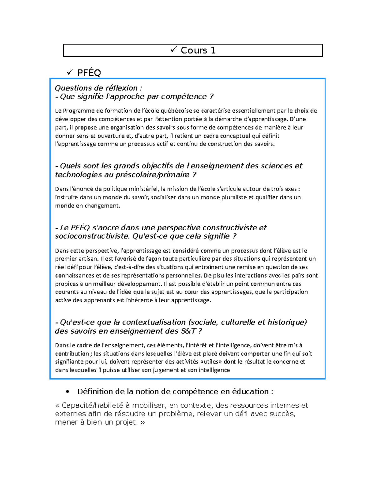 Révision sciences 1003 - Cours 1 PFÉQ Questions de réflexion : - Que ...