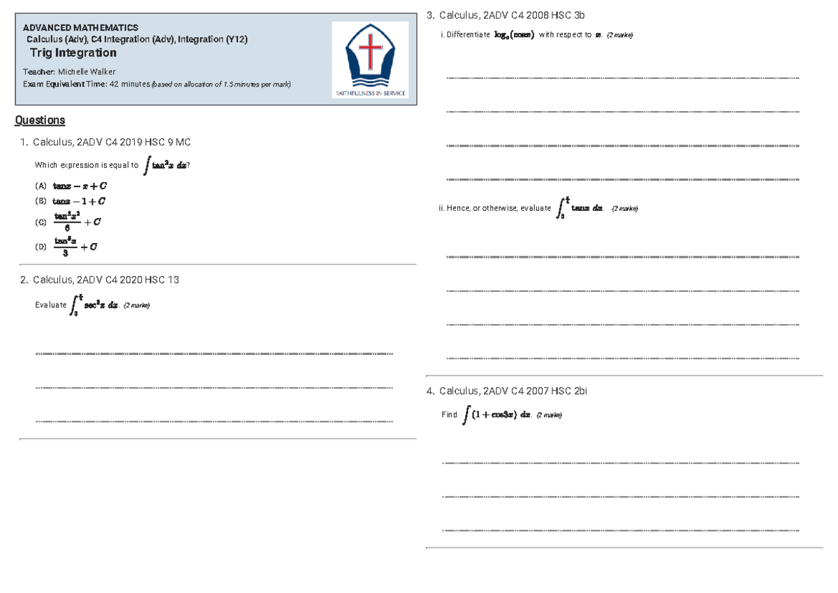 HSC Integration TRIG Functions - 1. Calculus, 2ADV C4 2019 HSC 9 MC 2 ...