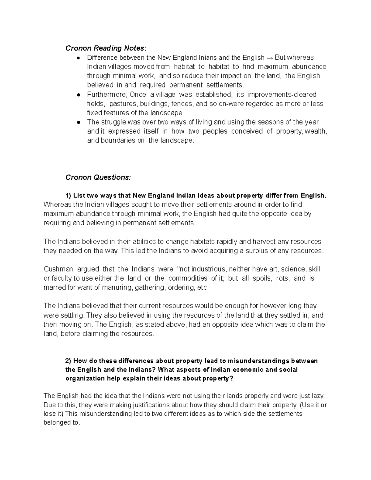 Cronon Reading Notes - 345234523523452345234523452 - Cronon Reading ...