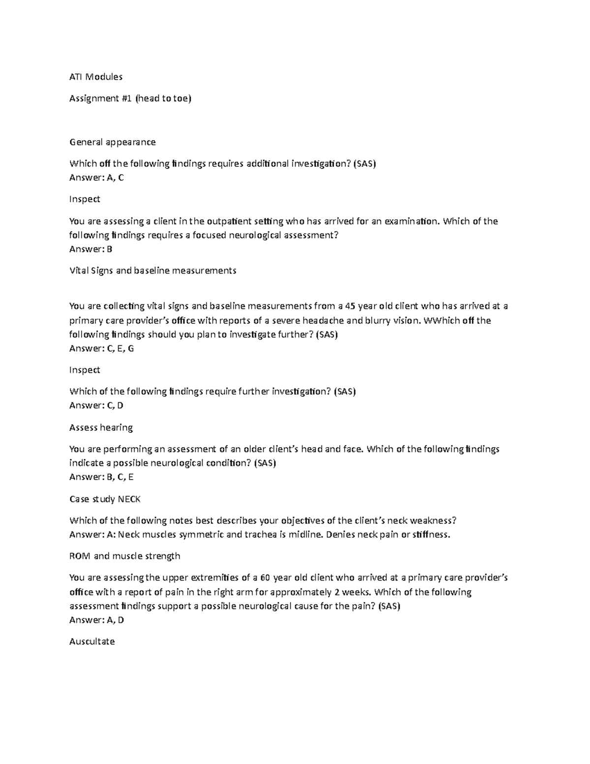 Clinical Assignment - ATI Modules Assignment #1 (head to toe) General appearance Which off the ...
