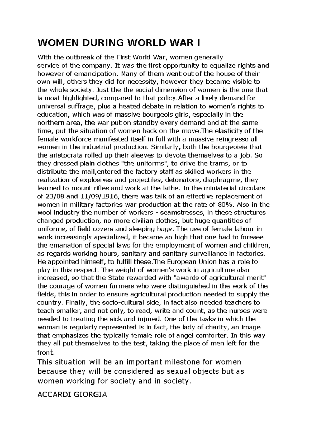 Educazione Civica Inglese - WOMEN DURING WORLD WAR I With the outbreak ...