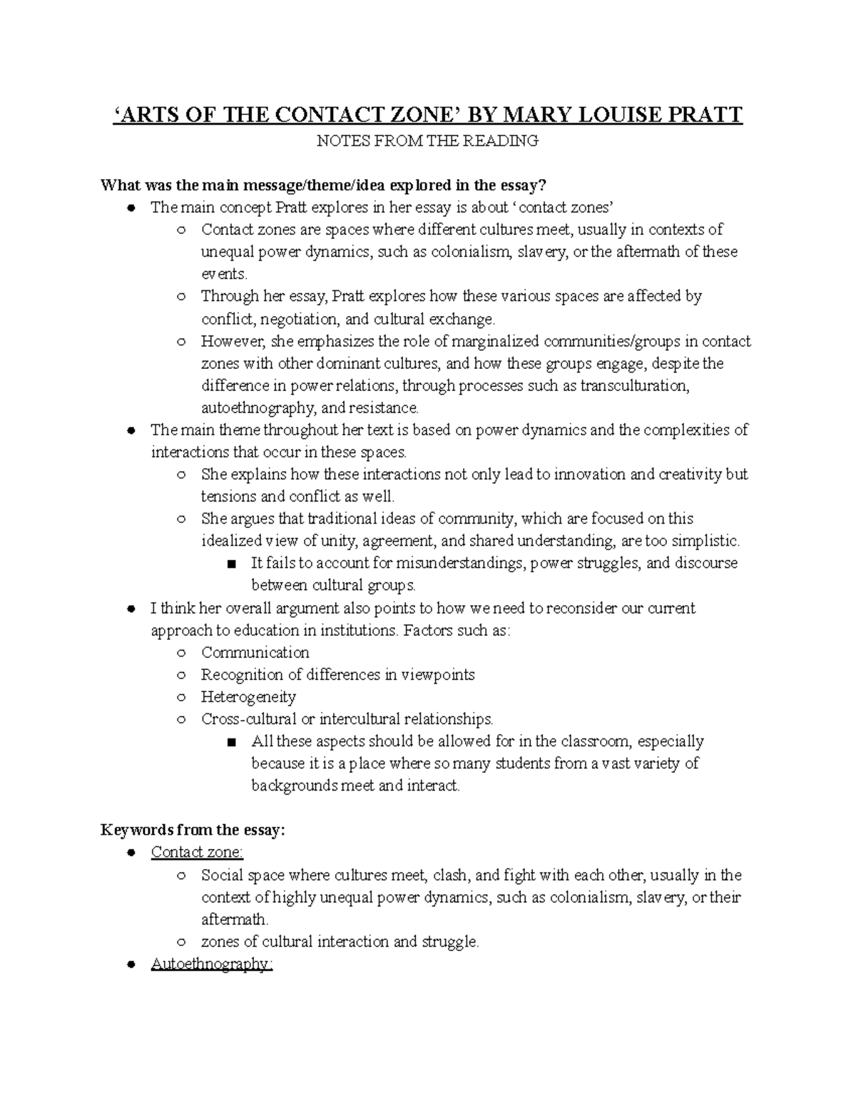 Arts of the Contact Zone Notes - ‘ARTS OF THE CONTACT ZONE’ BY MARY ...
