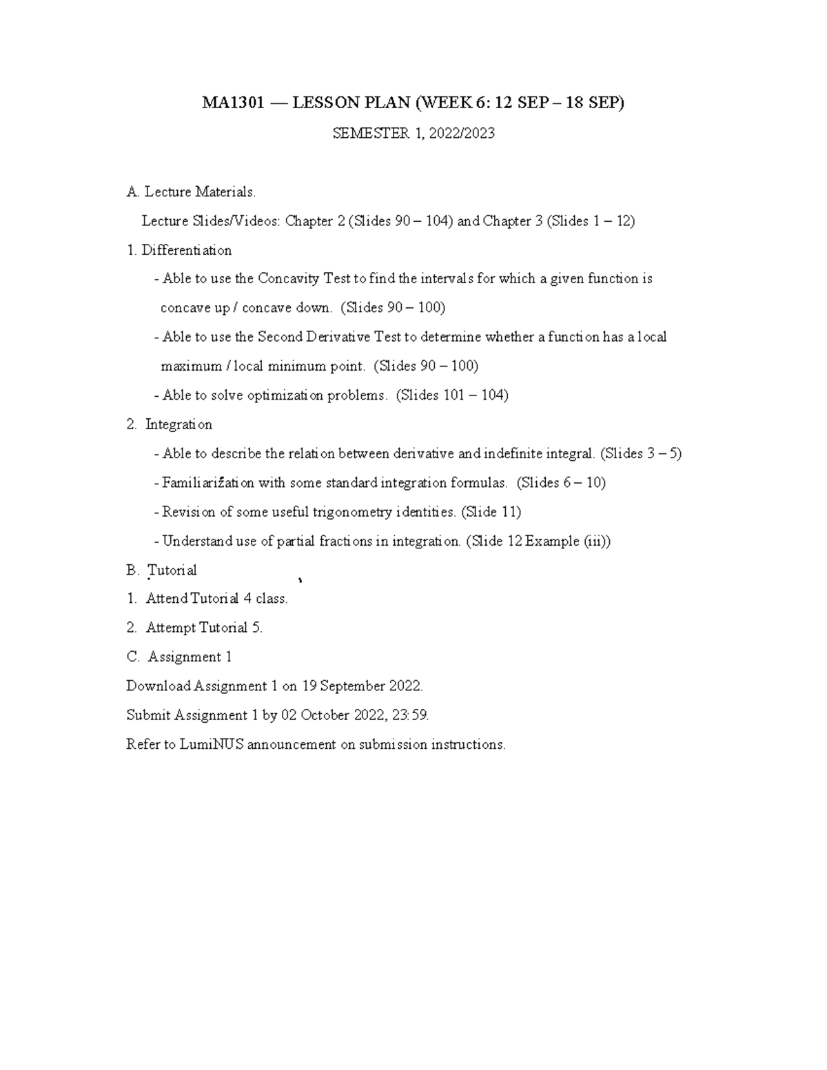 MA1301 Lesson Plan Week 6 - MA1301 ó LESSON PLAN (WEEK 6: 12 SEP ñ 18 SEP) SEMESTER 1, 2022/ A ...