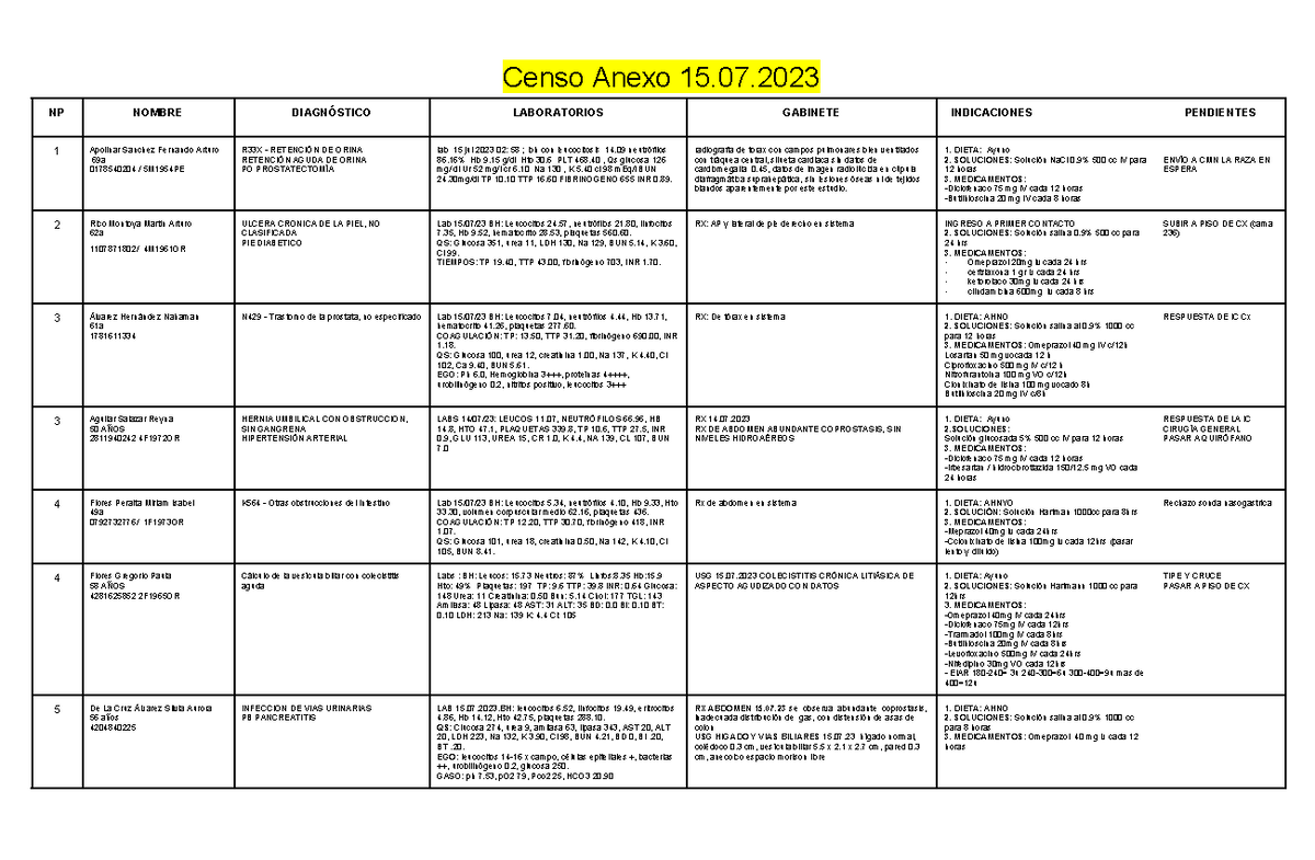 Censo Anexo 15 - Censo Anexo 15. NP NOMBRE DIAGNÓSTICO LABORATORIOS GABINETE INDICACIONES ...