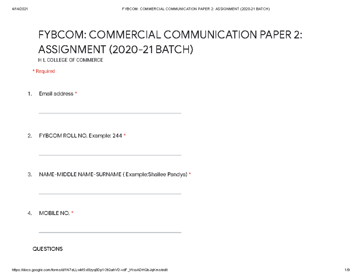 FY CC Assignment-Answers - Email address * 2. 3. 4. QUESTIONS FYBCOM ...