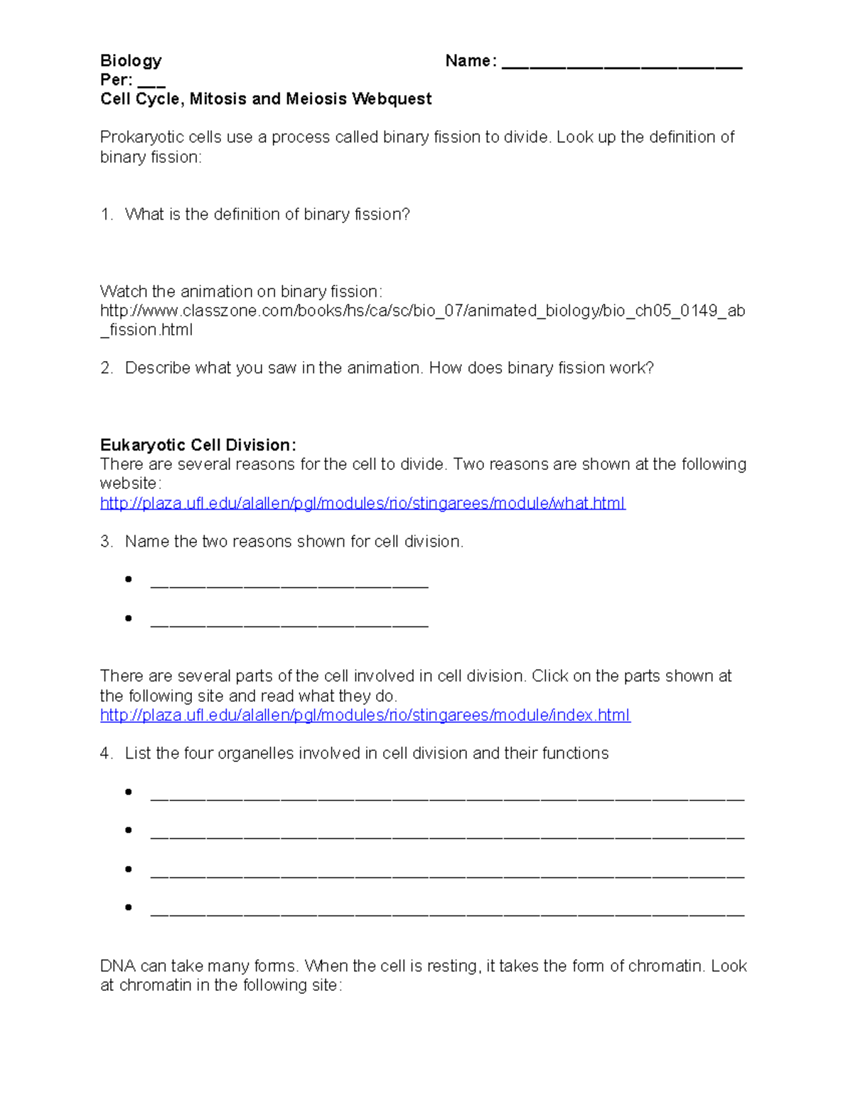Cell cycle and mitosis webquest - Biology Name ...