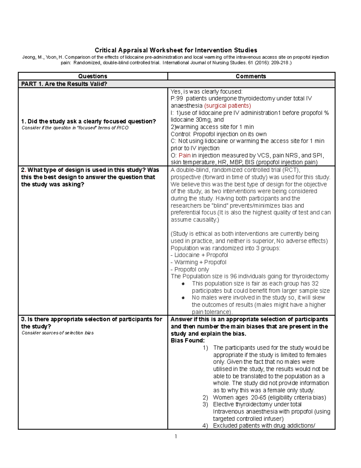 Winter 2022 Critical Appraisal Worksheet (Intervention Studies - Jeong ...