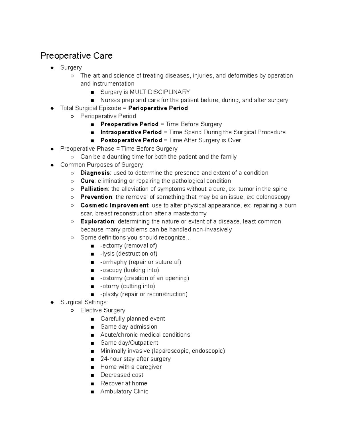 NUR 206 Preoperative Care - Preoperative Care Surgery The art and ...