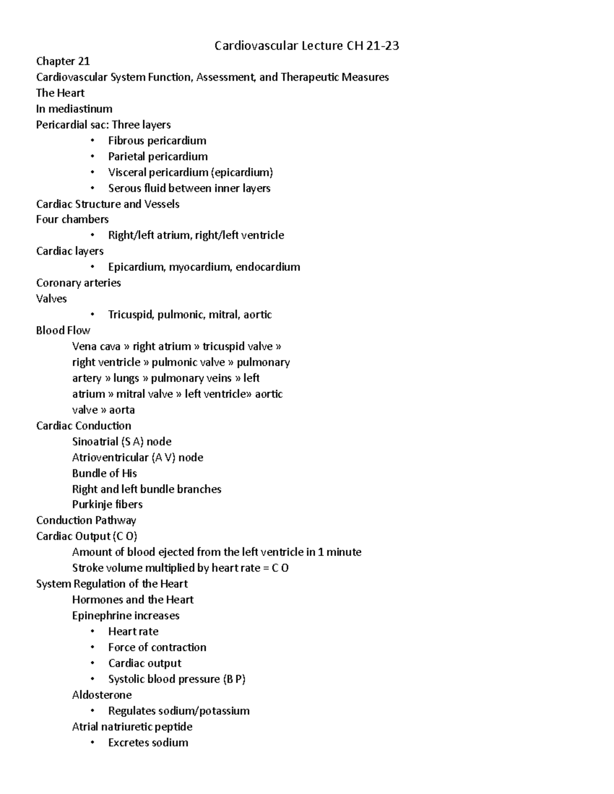 Cardic - notes - Chapter 21 Cardiovascular System Function, Assessment ...