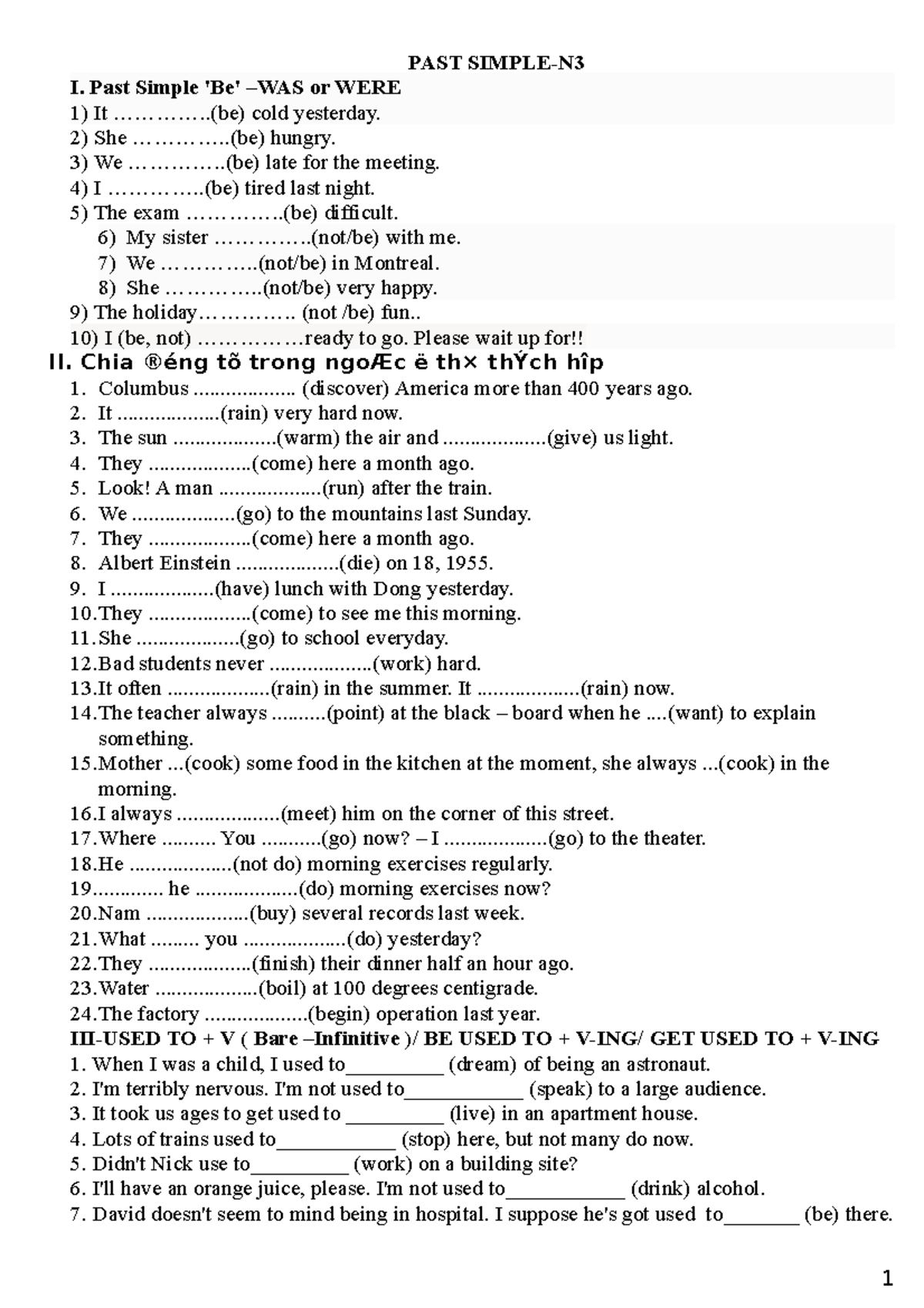 PAST Simple USED TO - nothing - PAST SIMPLE-N I. Past Simple 'Be' –WAS ...