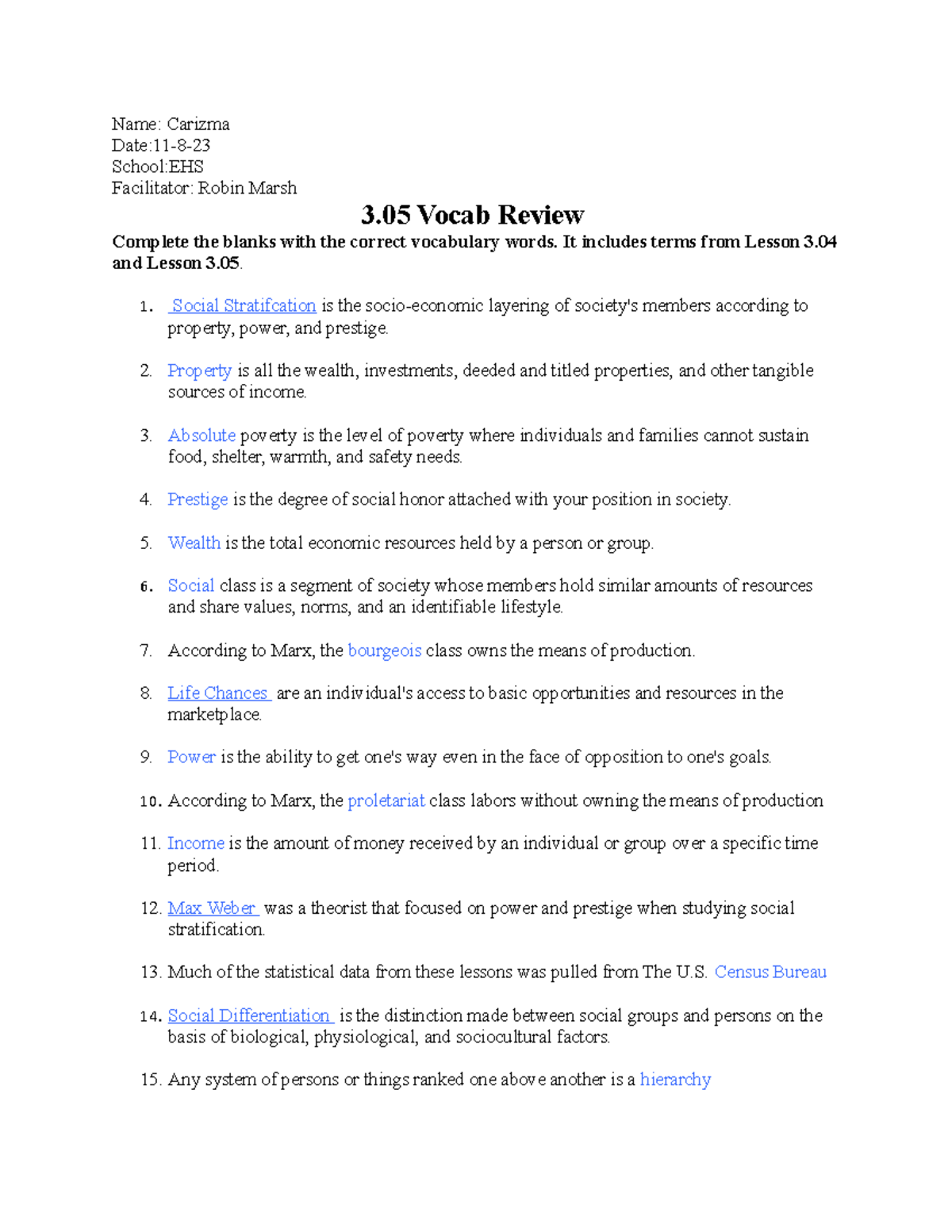 3.05 Vocab Review - answers for lesson 3.05 - Name: Carizma Date:11-8 ...