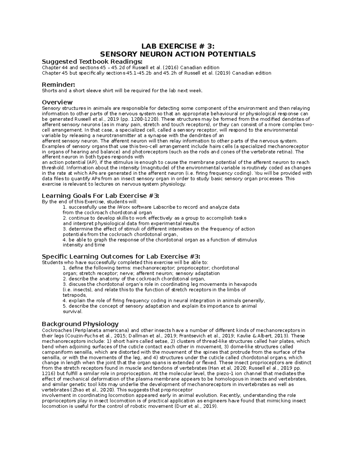 Lab Exercise 3 Lab 3 Lab Exercise 3 Sensory Neuron Action Potentials Suggested Textbook